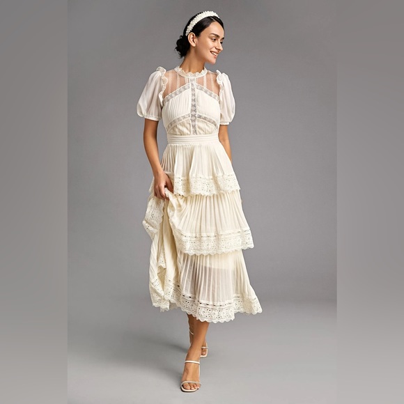 J.ING | Dresses | Jing Beige Mesh Lace Trim Pleated Tiered Maxi Dress ...
